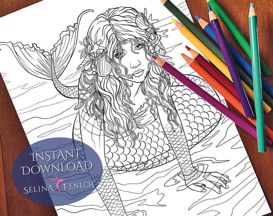 Washed Ashore Mythical Mermaids Coloring Page/digi Stamp Fantasy ...