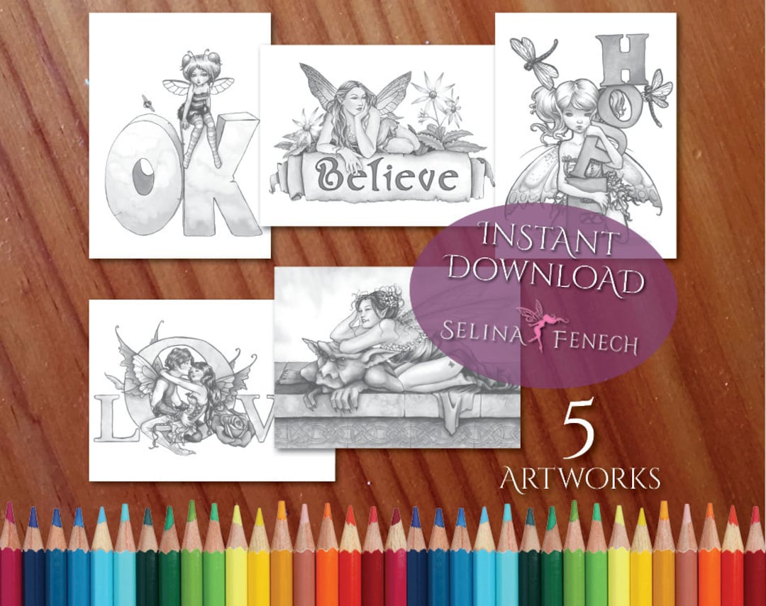 Fairy Art Words Grayscale Coloring Page/digi Stamp Fantasy Printable ...