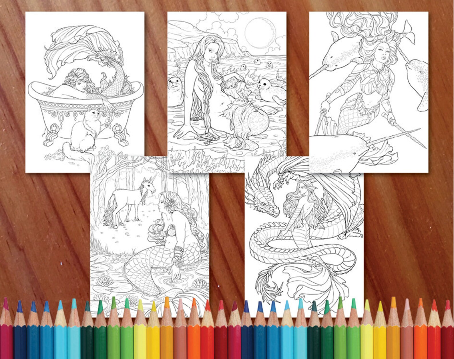 Mermaids and Animal Companions Coloring Collection Coloring Page/digi ...