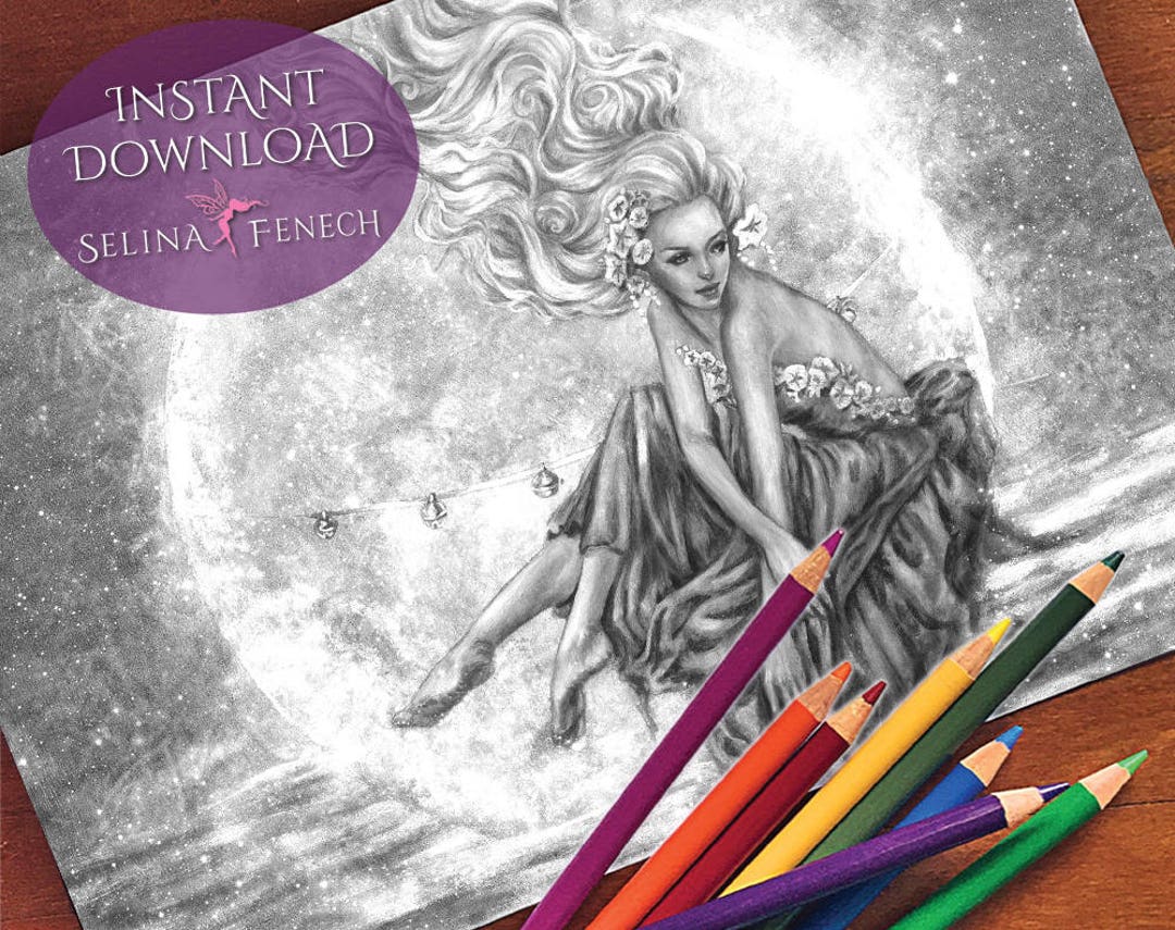 Selene Goddess and Mythology Grayscale Coloring Page/digi Stamp Fantasy ...