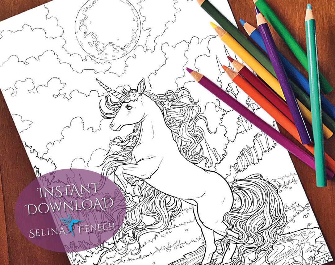 Rainbow Dreams Unicorns and Dragons Coloring Page/digi Stamp Fantasy ...