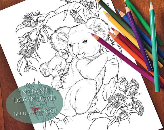Koala Australian Animals and Wildflowers Coloring Page/Digi | Etsy