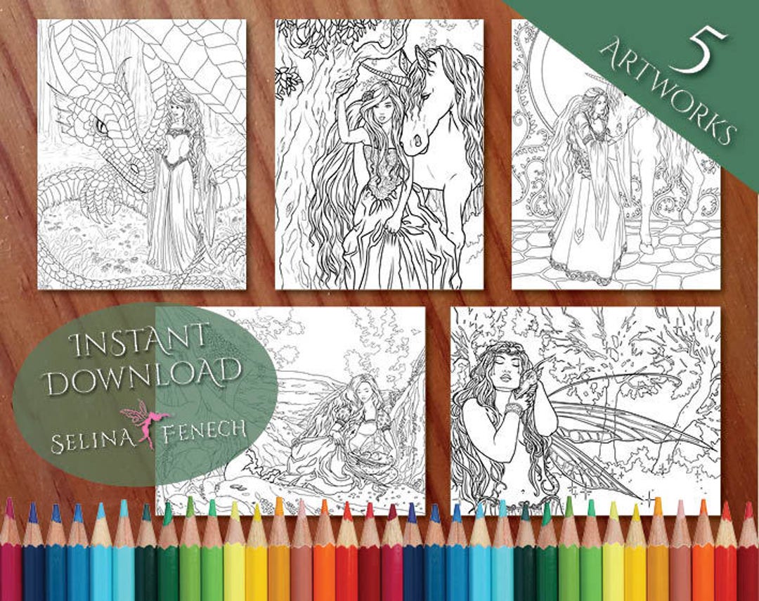 Magical Dragons and Unicorns Coloring Page/digi Stamp Fantasy Printable ...