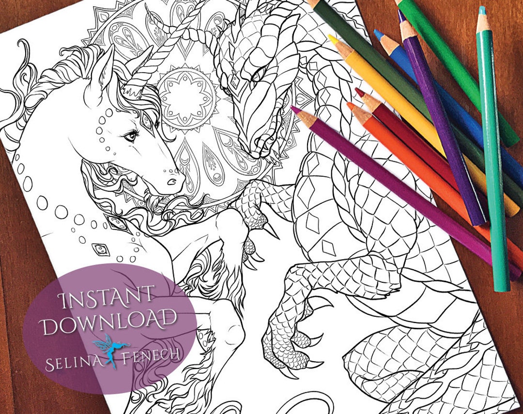 Creatures of Legend Unicorns and Dragons Coloring Page/digi Stamp ...