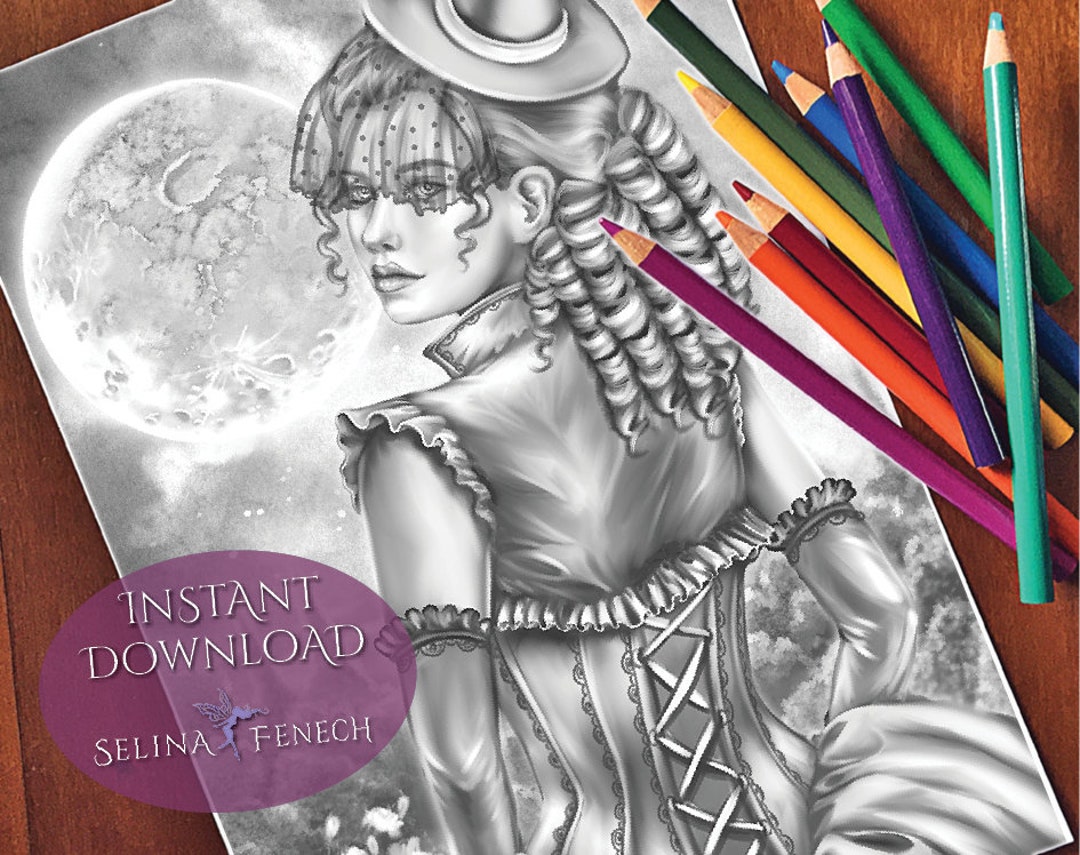 Full Moon Magic Gothic Grayscale Coloring Page/digi Stamp Fantasy ...