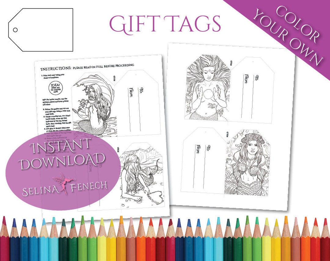 Mermaid Fantasy Gift Tags Coloring Page/digi Stamp Fantasy Printable ...