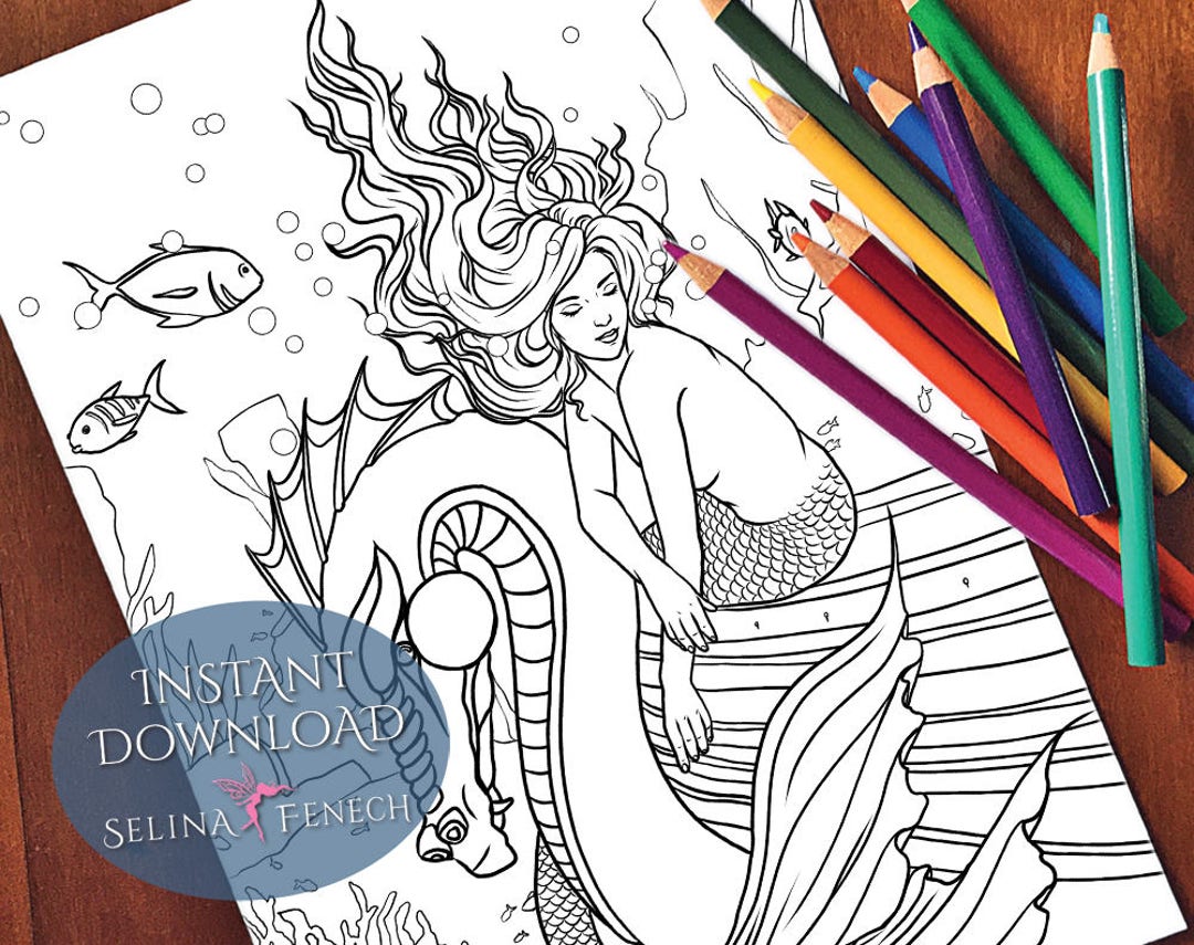 Sunlit Seas Mermaids Calm Ocean Coloring Page/digi Stamp Fantasy ...