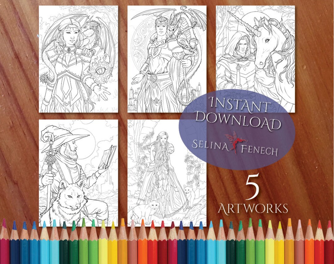 Wild Magic Dragons and Unicorns Coloring Page/digi Stamp Fantasy ...