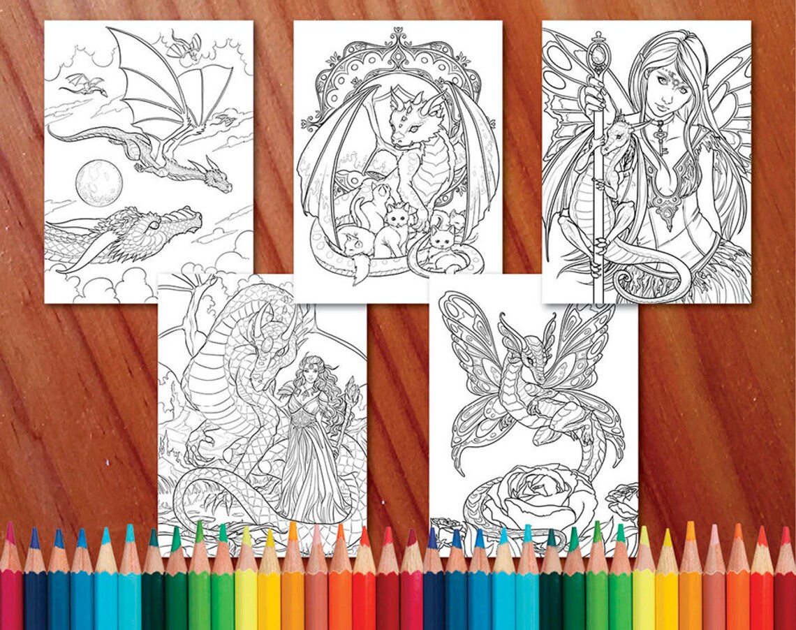 Unicorns and Dragons Coloring Collection Coloring Page/digi - Etsy