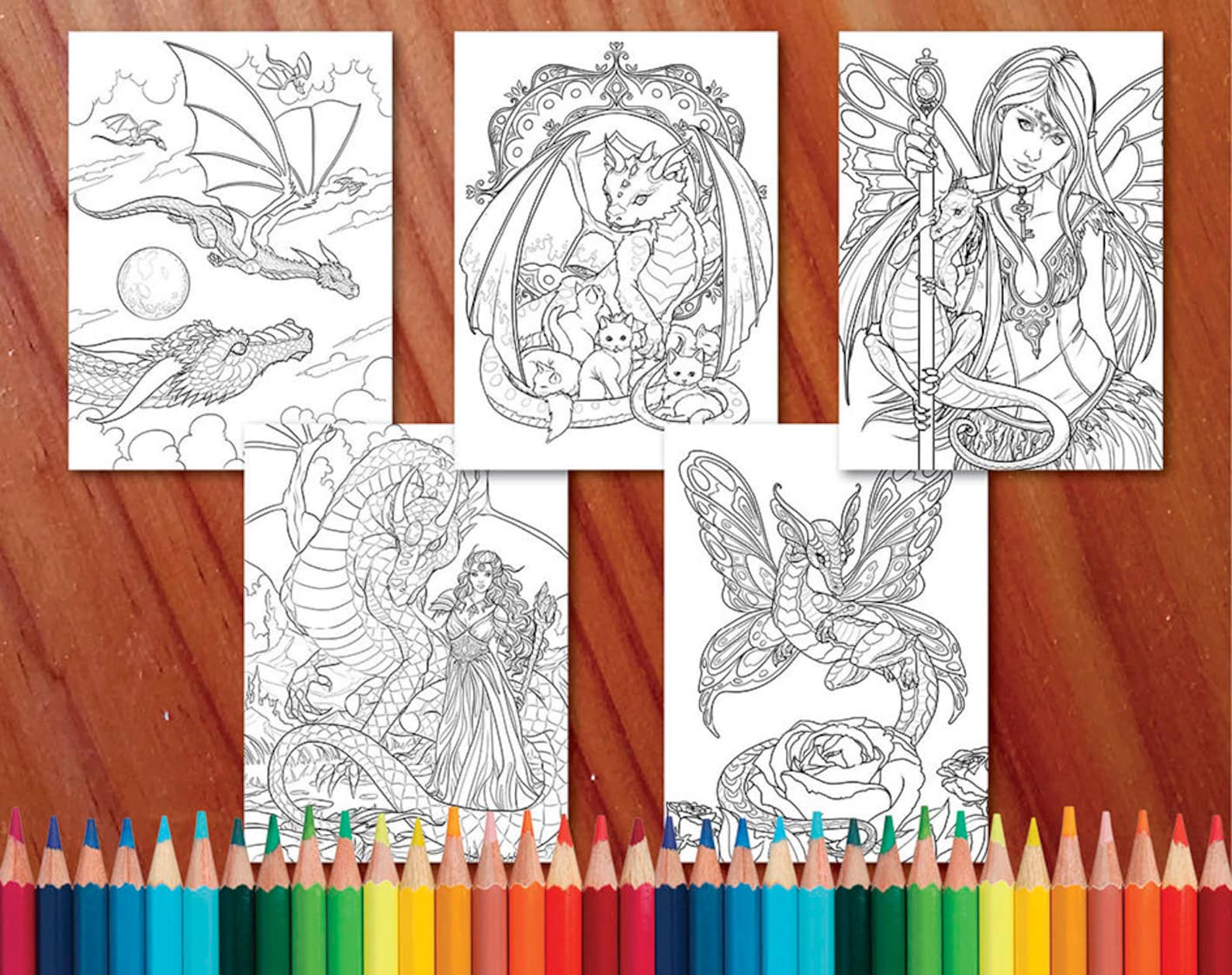 Unicorns and Dragons Coloring Collection Coloring Page/digi Stamp ...