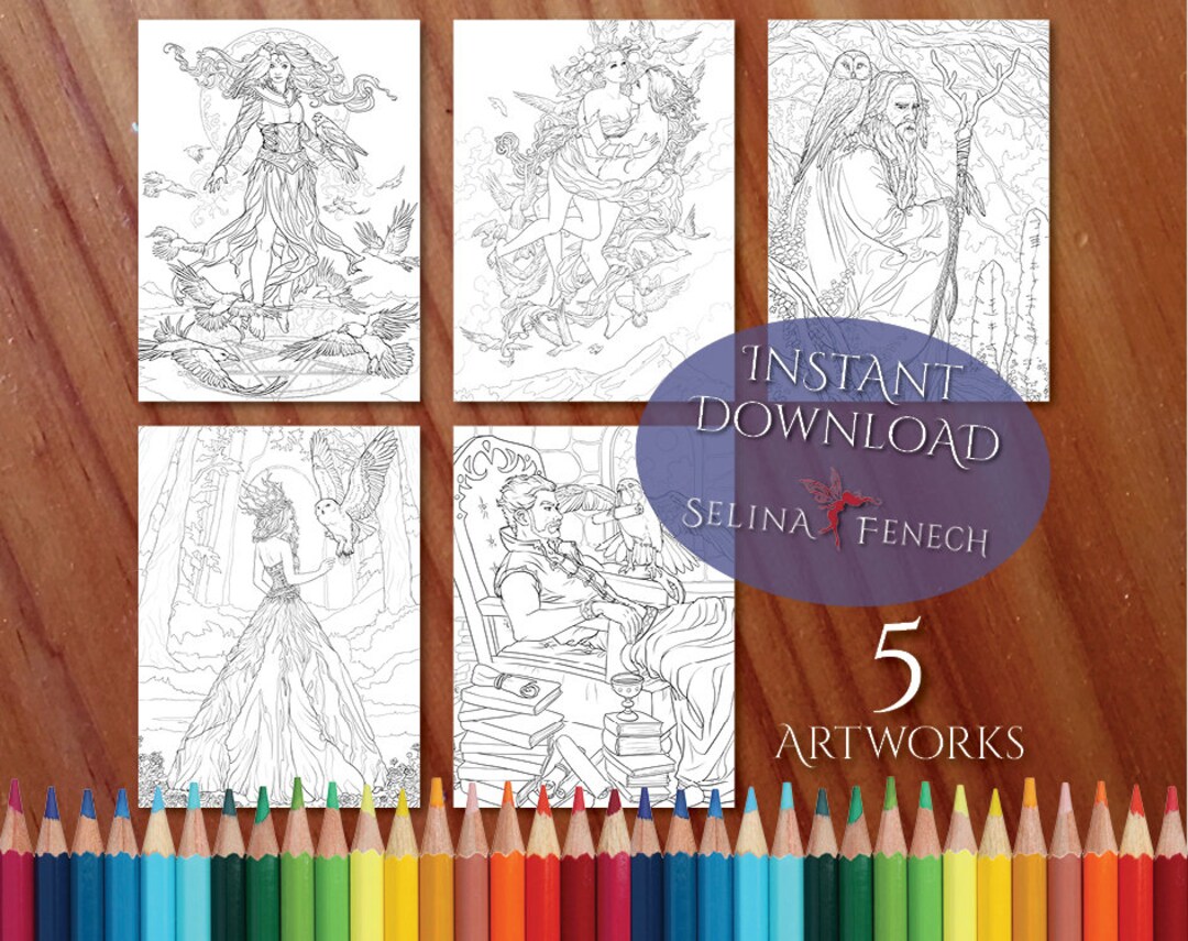 Wild Magic Witches Wizards and Birds Coloring Page/digi Stamp Fantasy ...
