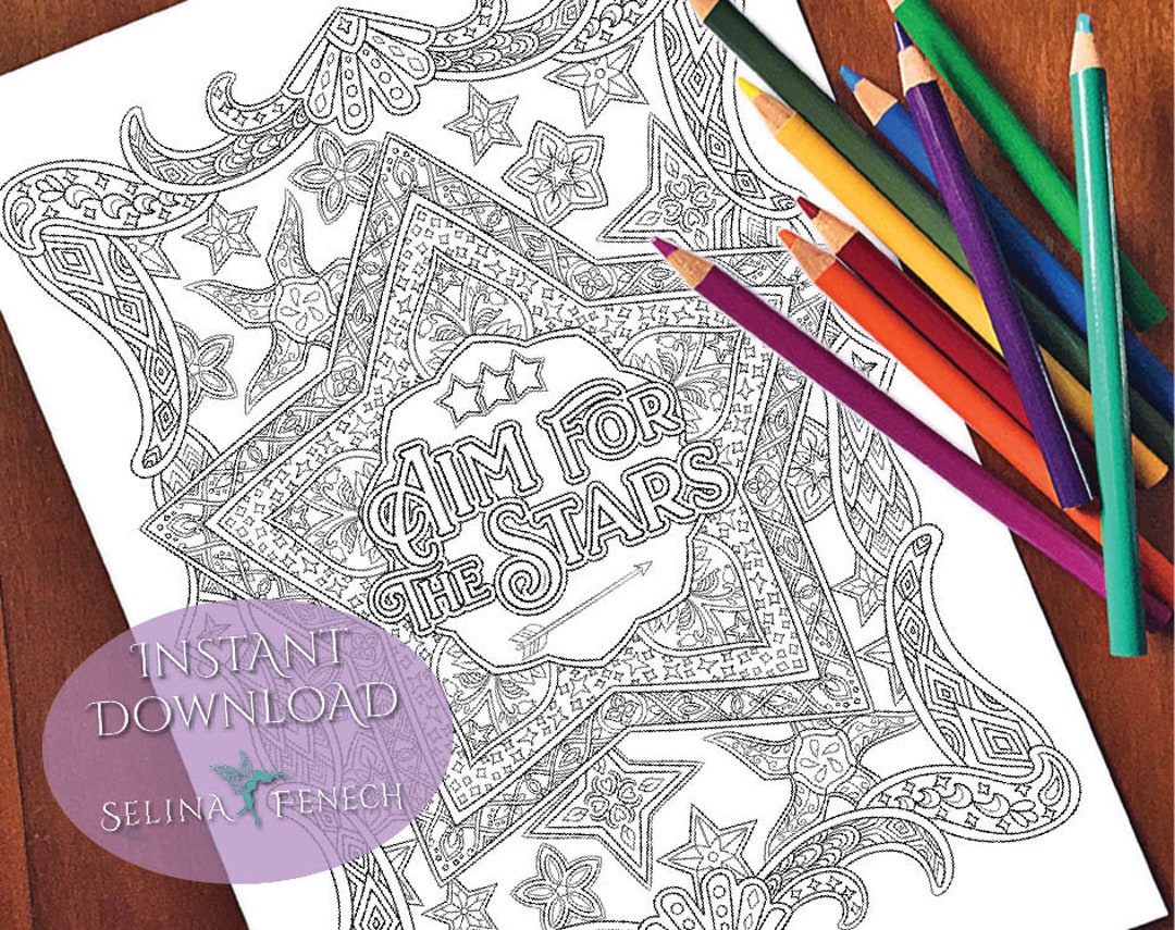 Aim for the Stars Inspirational Quotes Coloring Page/digi Stamp Fantasy ...