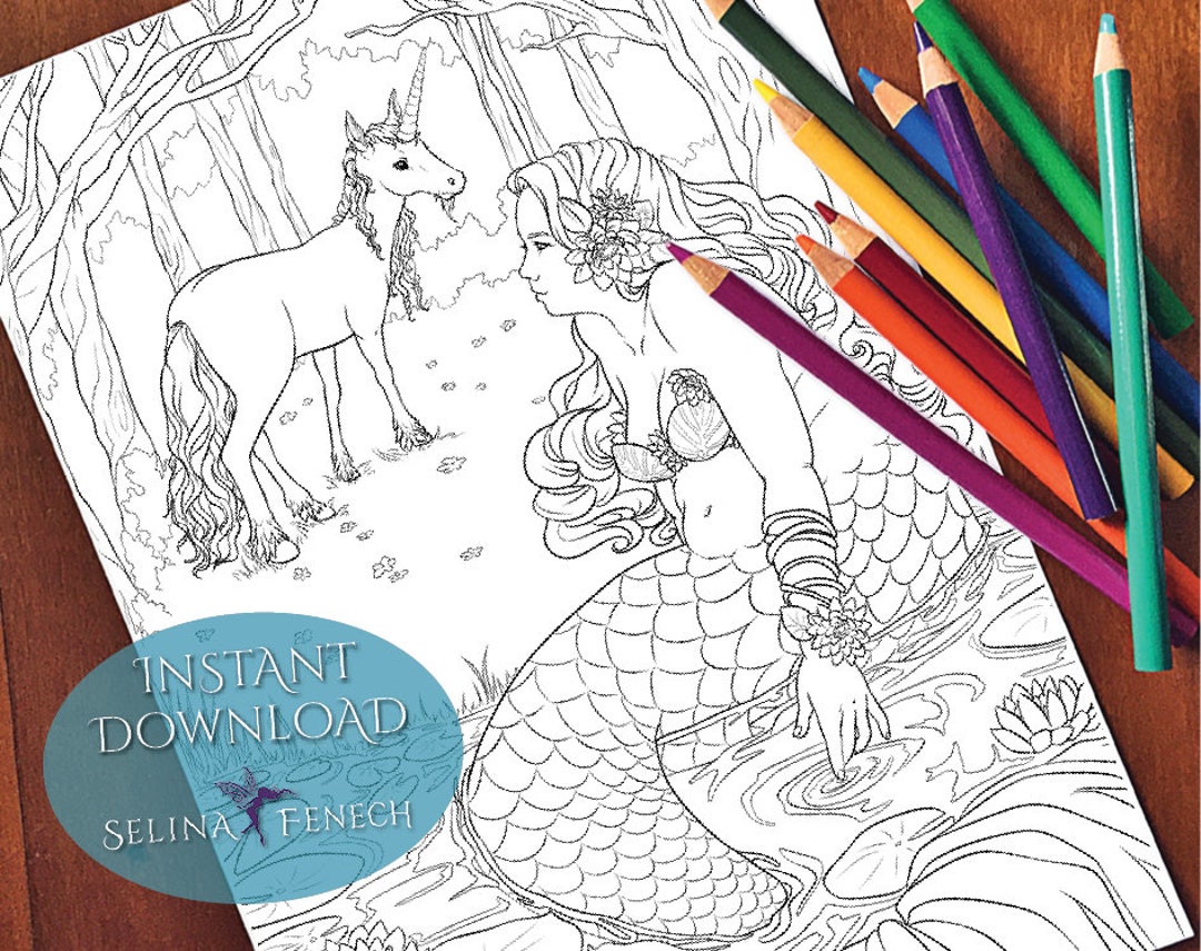 Woodland Encounter Mermaids and Animal Companions Coloring Page/digi ...