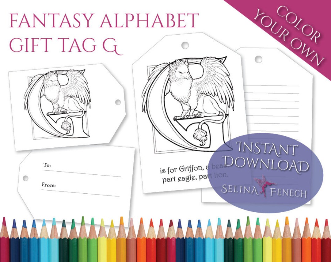 Fantasy Alphabet Gift Tag Monogram G Coloring Page Art Printable ...