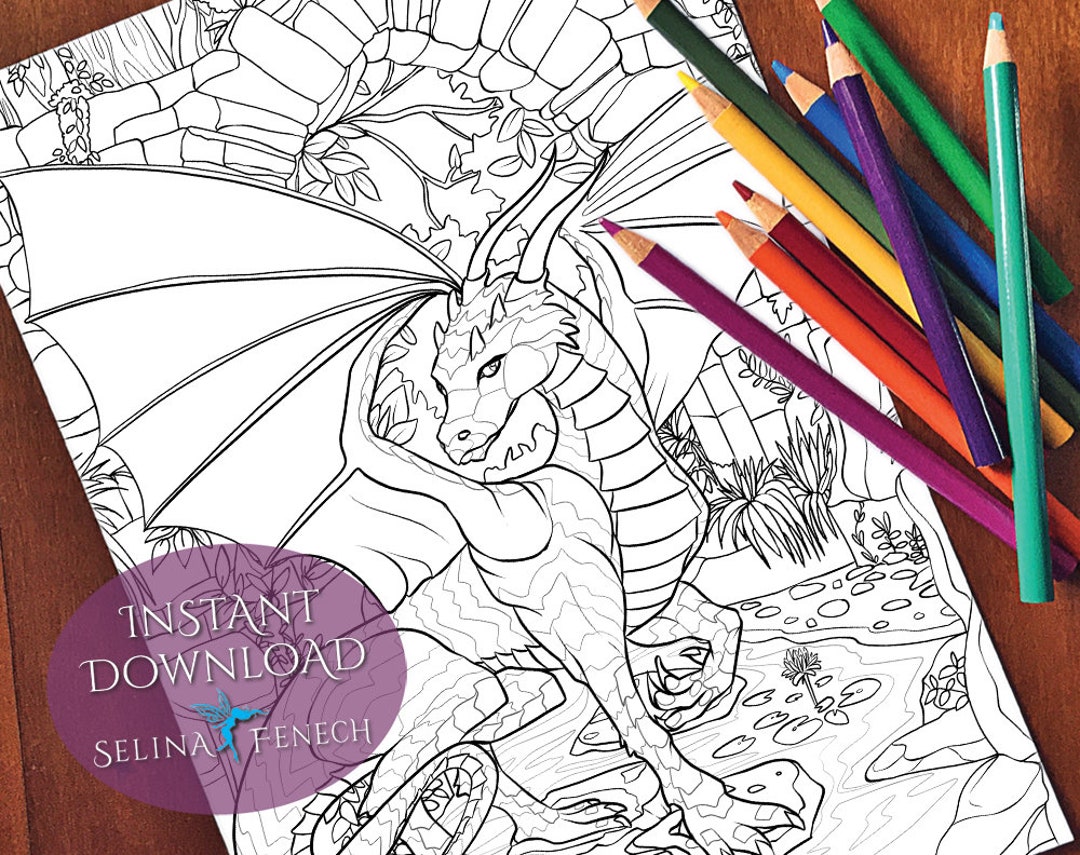 Magic in the Ruins Unicorns and Dragons Coloring Page/digi Stamp ...
