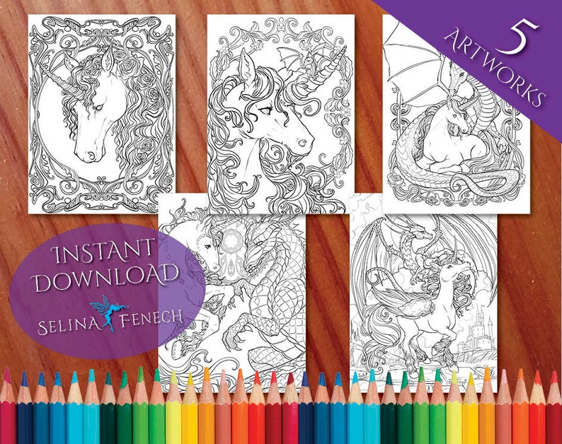 Majestic Unicorns and Dragons Coloring Page/digi Stamp Fantasy - Etsy