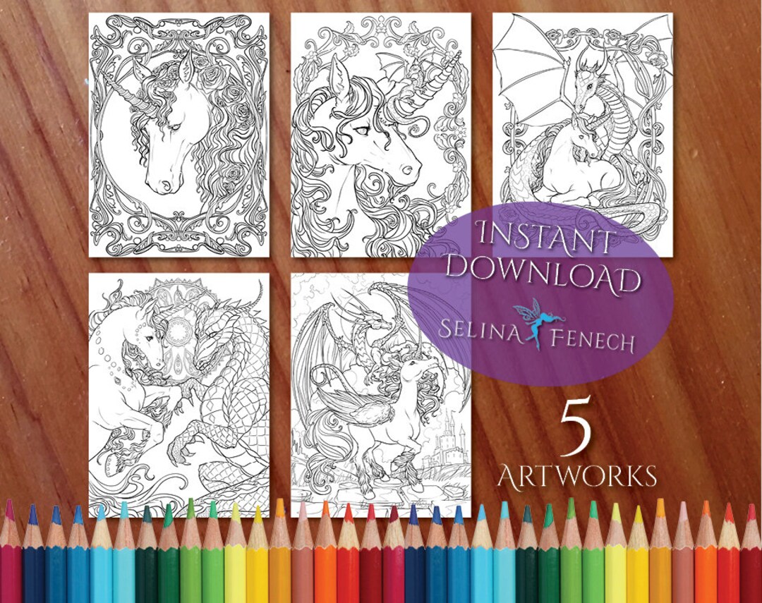 Majestic Unicorns and Dragons Coloring Page/digi Stamp Fantasy ...