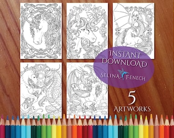 Cute Unicorns and Dragons Coloring Page/digi Stamp Fantasy Printable ...