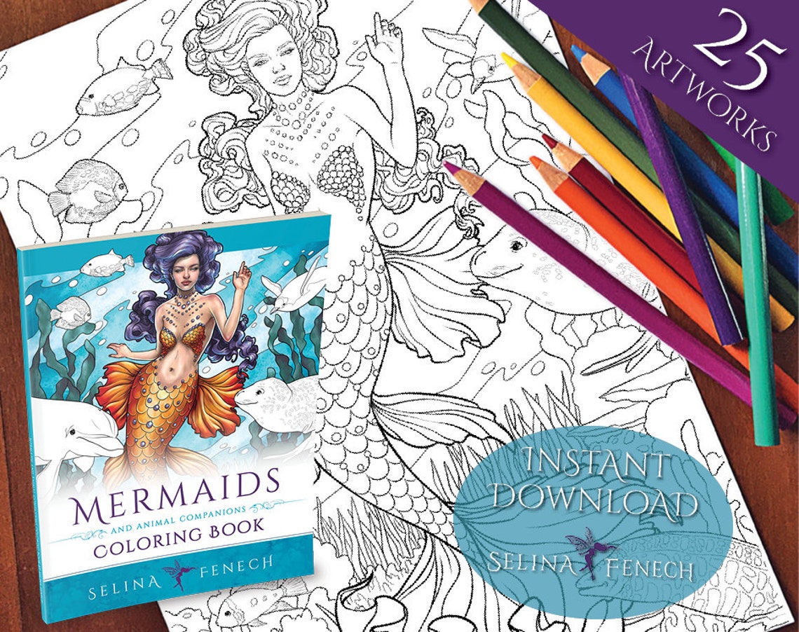 Mermaids and Animal Companions Coloring Collection Coloring Page/digi ...