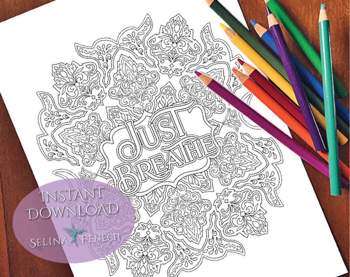 Just Breathe Inspirational Quotes Coloring Page/digi Stamp Fantasy ...