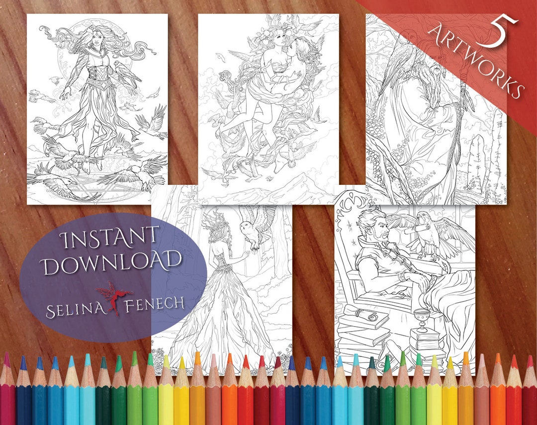 Wild Magic Witches Wizards and Birds Coloring Page/digi Stamp Fantasy ...