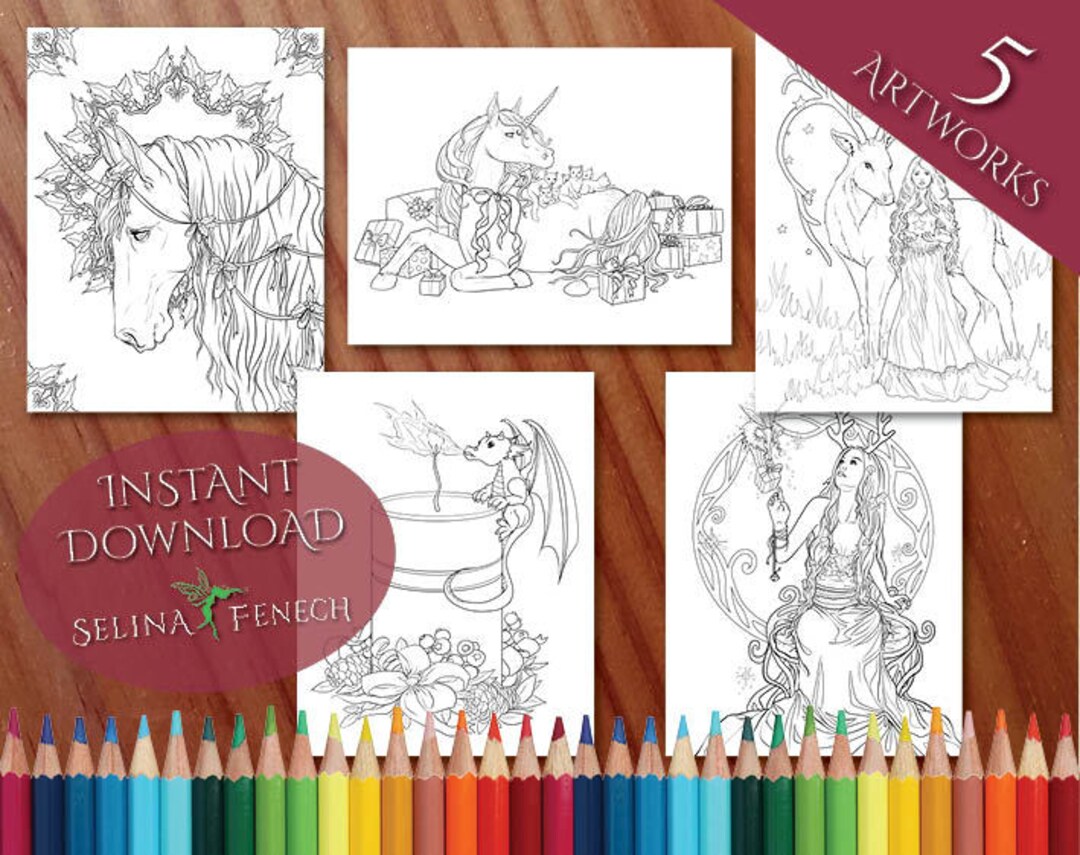 Festive Magic Unicorns Dragons Coloring Page/digi Stamp Fantasy ...