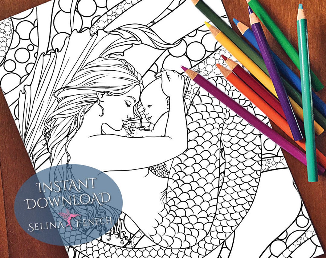 Motherhood Mermaids Calm Ocean Coloring Page/digi Stamp Fantasy ...