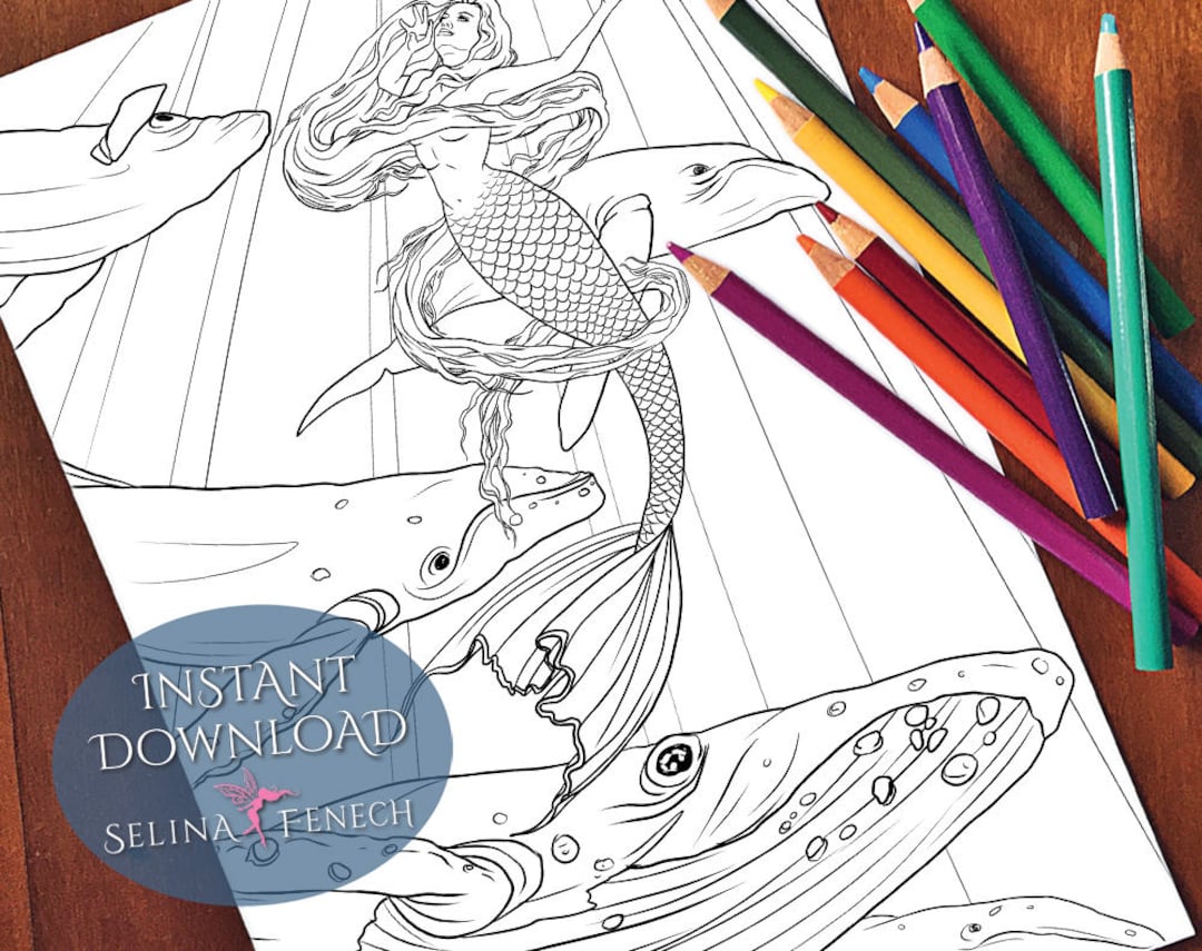 Ocean Song Mermaids Calm Ocean Coloring Page/digi Stamp Fantasy ...