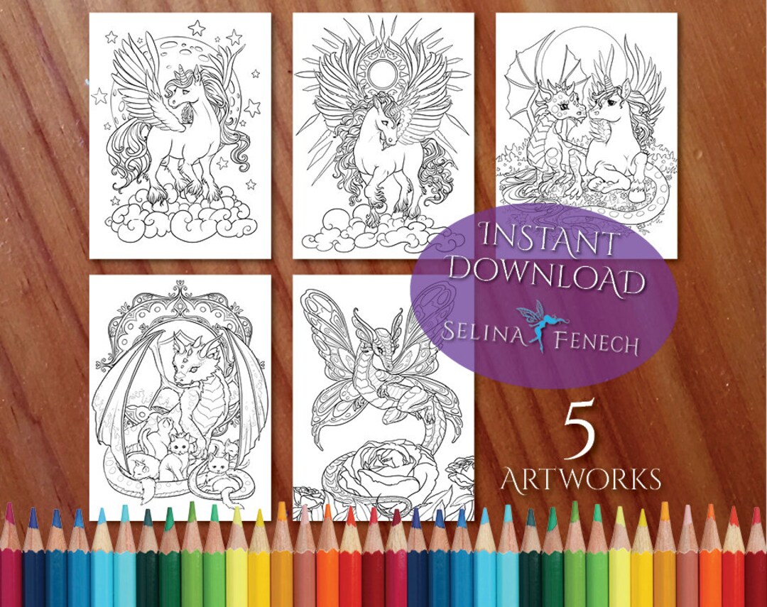 Cute Unicorns and Dragons Coloring Page/digi Stamp Fantasy Printable ...