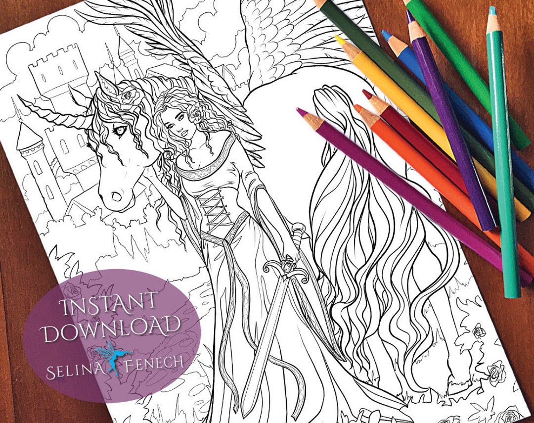 Unicorn Protector Unicorns and Dragons Coloring Page/digi Stamp Fantasy ...