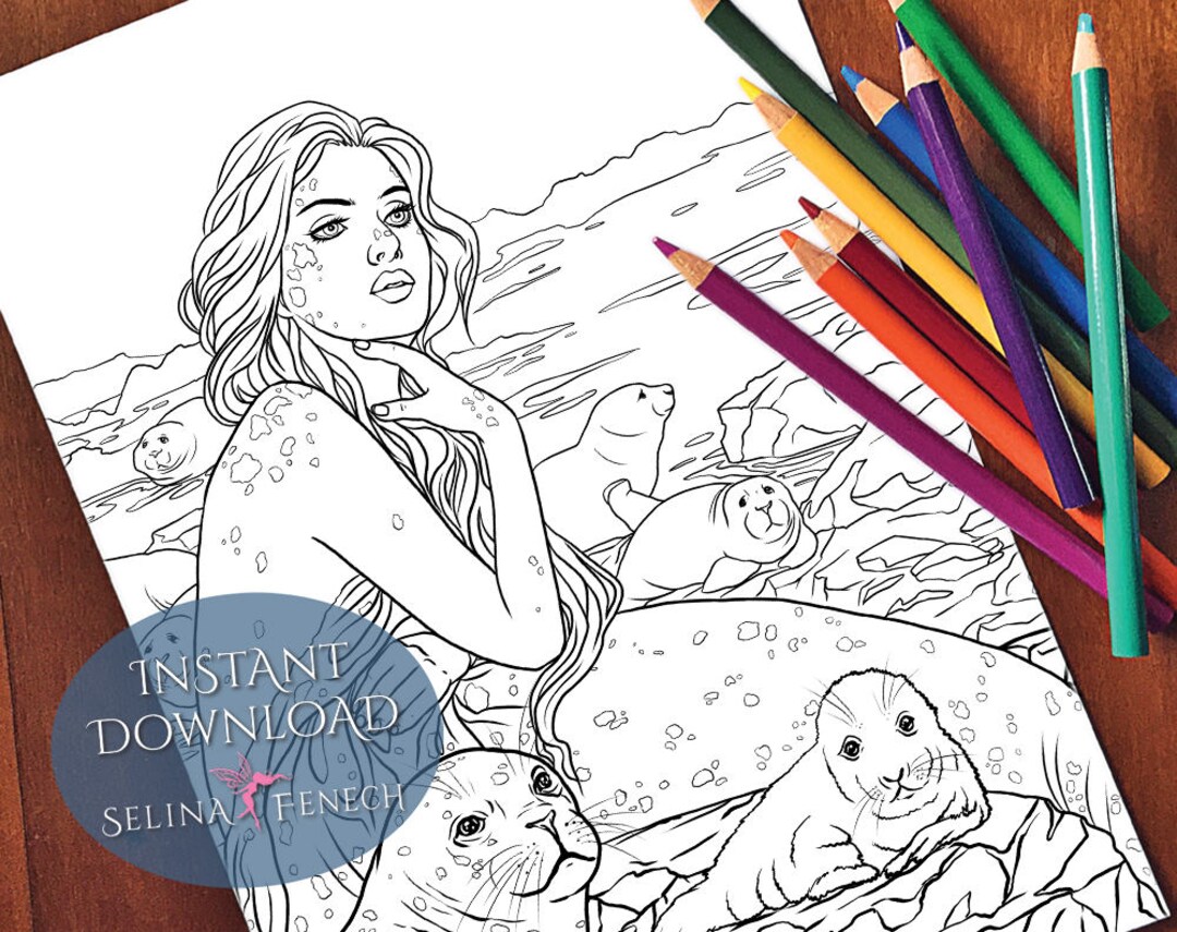 Selkie Mermaids Calm Ocean Coloring Page/digi Stamp Fantasy Printable ...