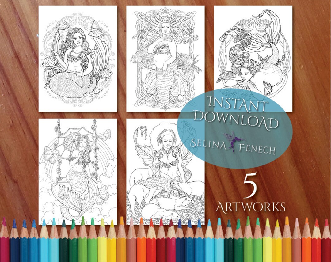 Mermaids and Fish Mermaids Animal Companions Coloring Page/digi Stamp ...