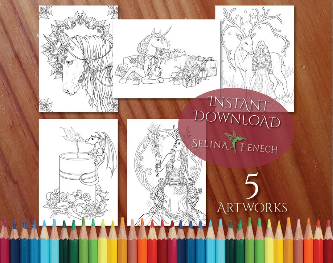 Festive Magic Unicorns Dragons Coloring Page/digi Stamp Fantasy ...