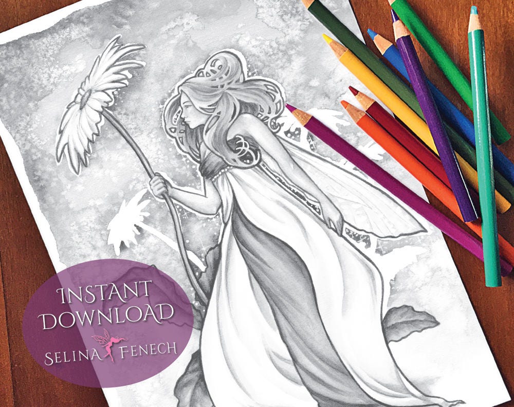 Daisy Fairy Art Grayscale Coloring Page/digi Stamp Fantasy Printable ...