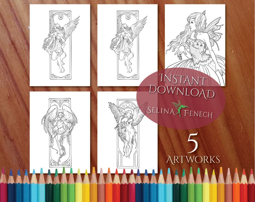Festive Magic Nouveau Angels Coloring Page/digi Stamp Fantasy Printable ...