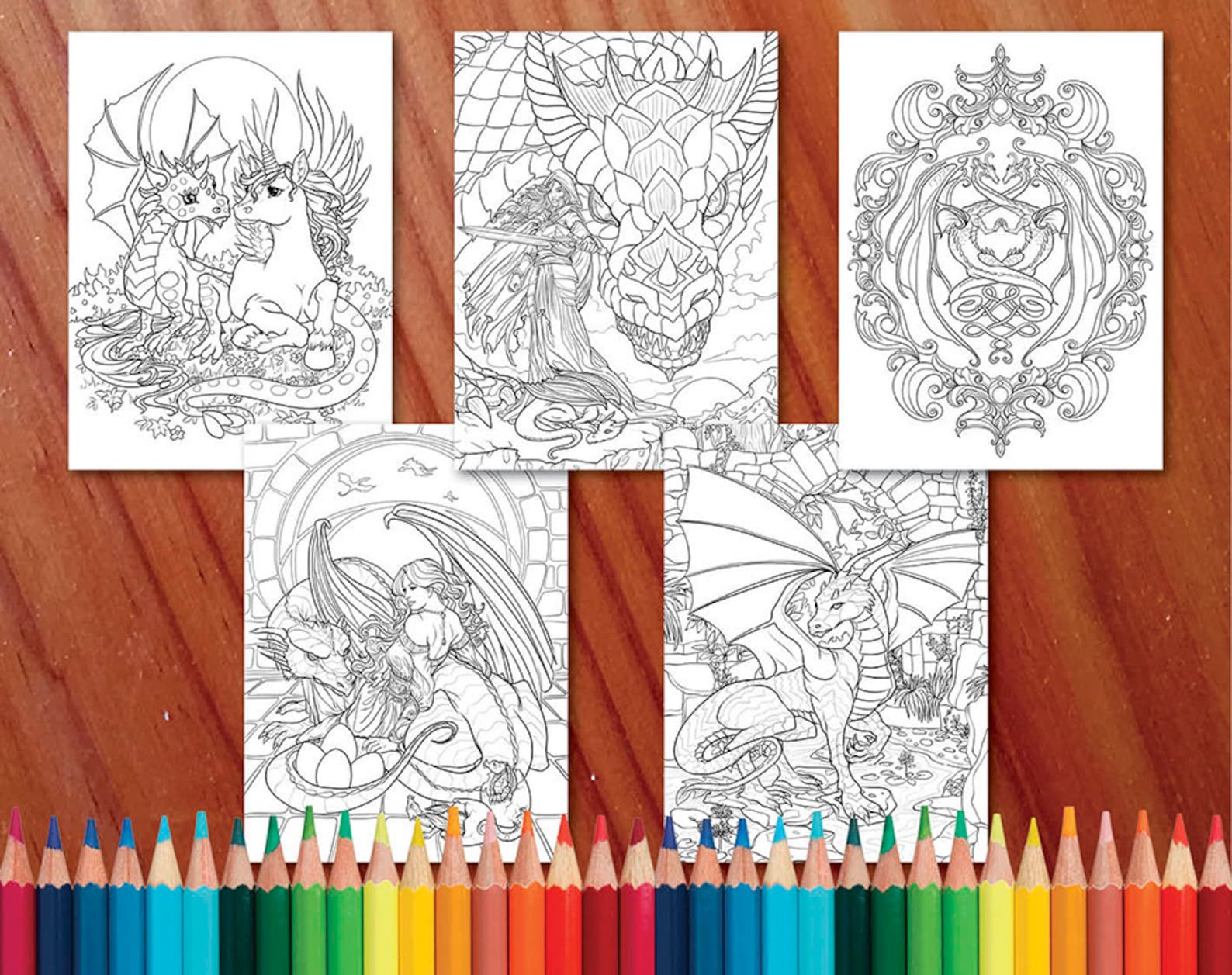 Unicorns and Dragons Coloring Collection Coloring Page/digi Stamp ...