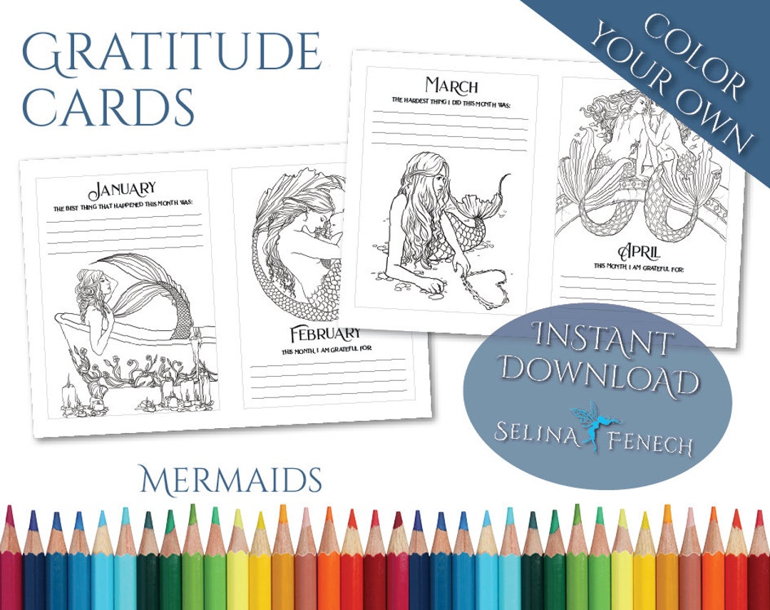 Mermaid Gratitude Cards Coloring Page/digi Stamp Fantasy Printable ...