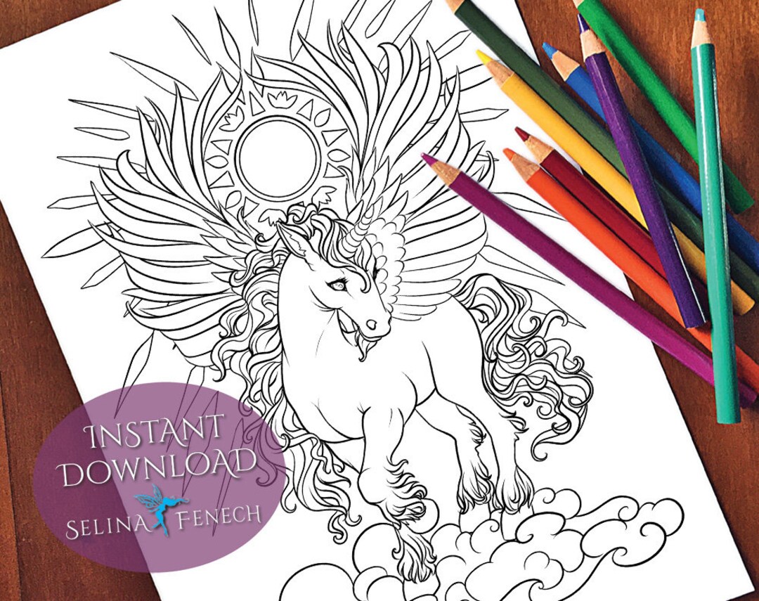 Daylight Magic Unicorns and Dragons Coloring Page/digi Stamp Fantasy ...