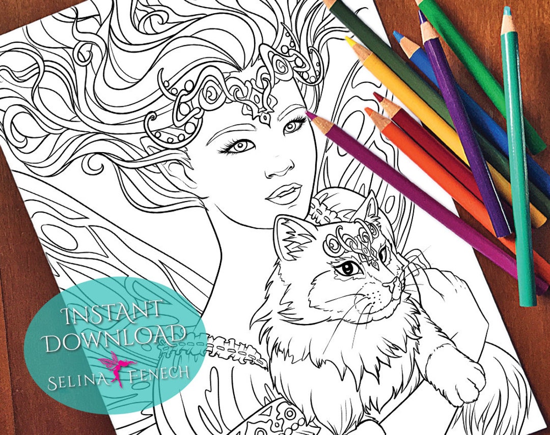 Cat Magic Fairy Portraits Coloring Page/digi Stamp Fantasy Printable ...