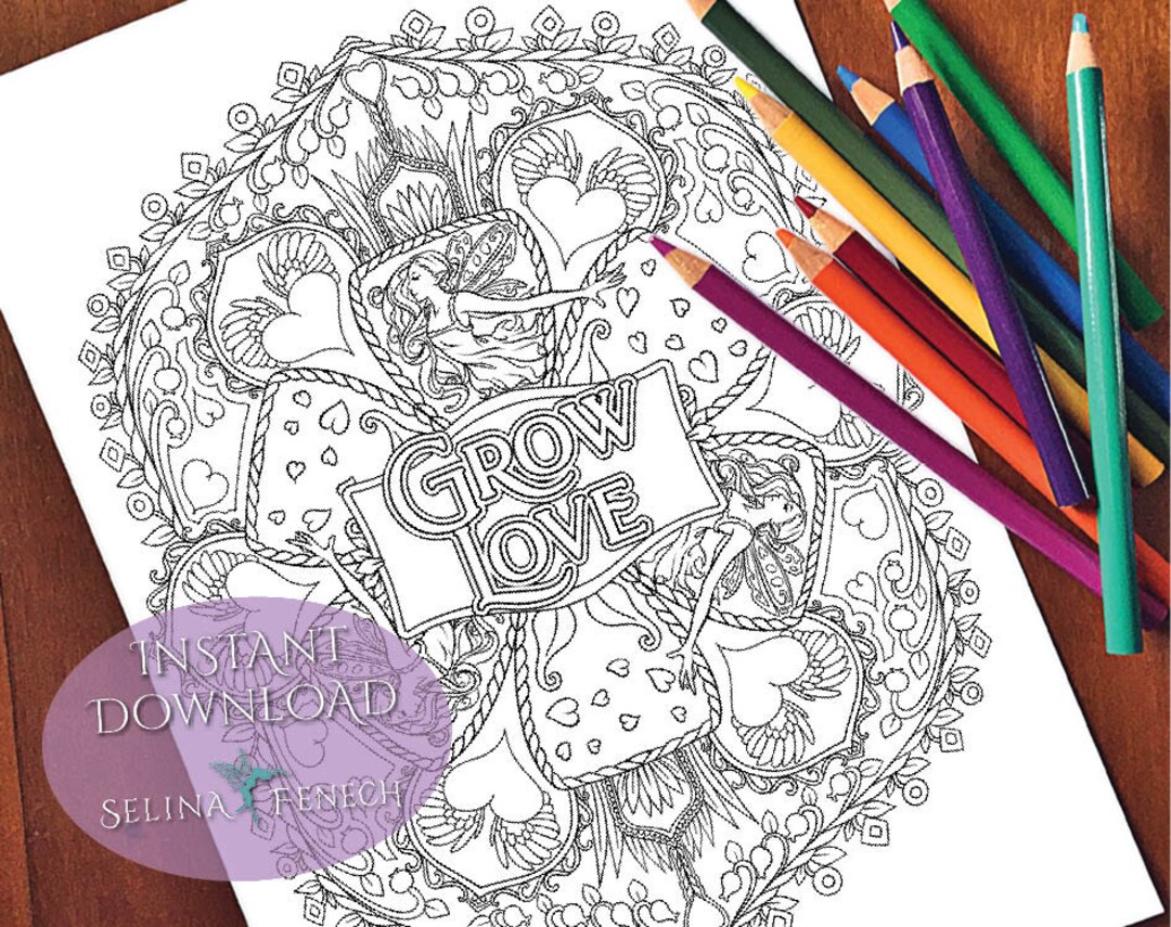 Grow Love Inspirational Quotes Coloring Page/digi Stamp Fantasy ...