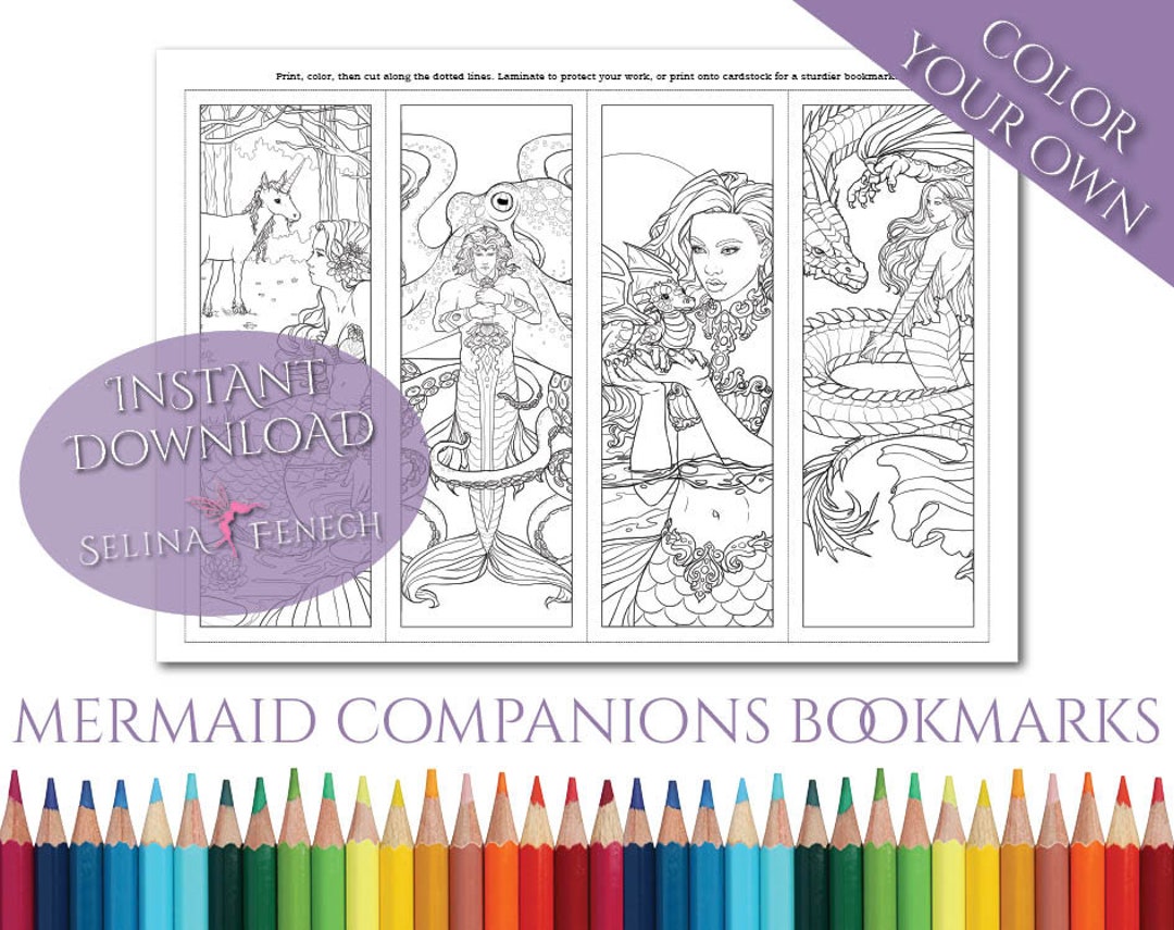 Bookmark Mermaid Companions Coloring Page/digi Stamp Fantasy Printable ...