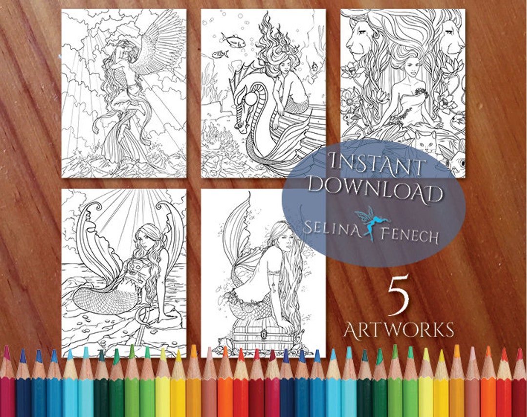 Mythical Mermaids Calm Ocean Coloring Page/digi Stamp Fantasy Printable ...