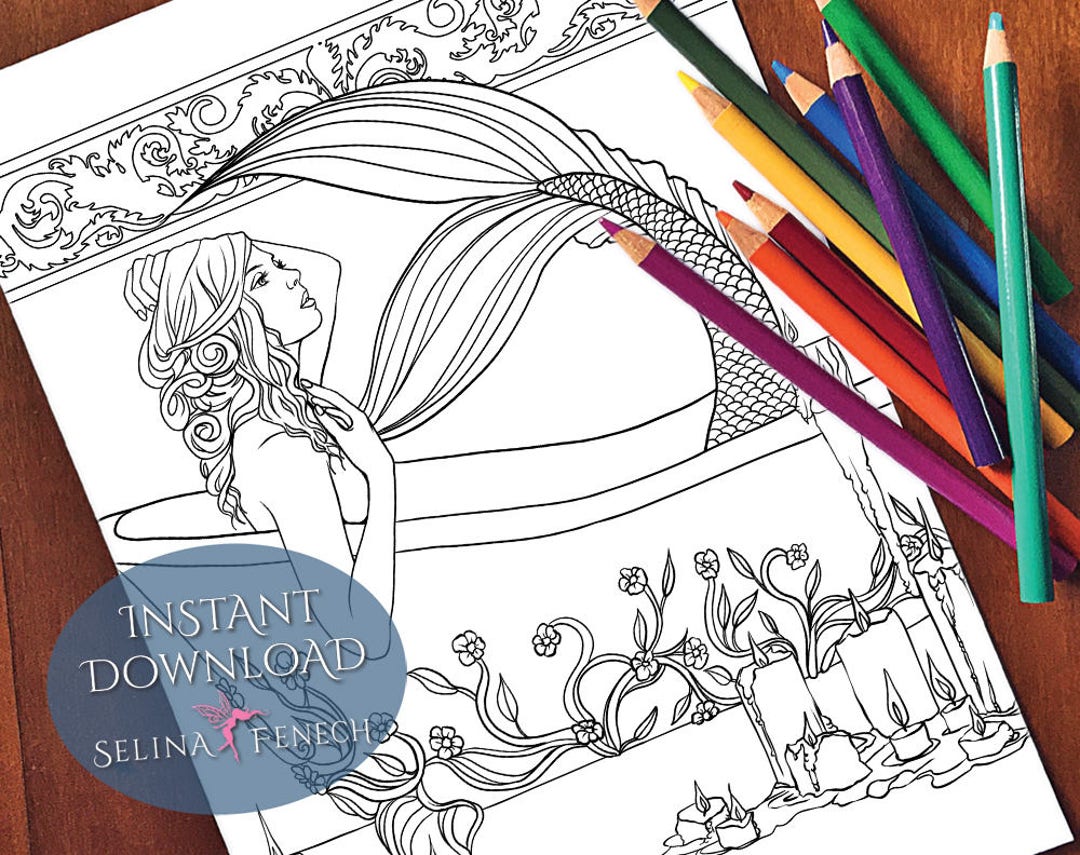 Bathtime Mermaids Calm Ocean Coloring Page/digi Stamp Fantasy Printable ...