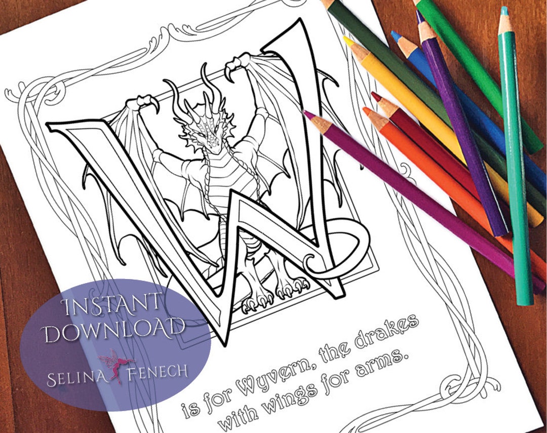 Fantasy Alphabet Magical Creatures W Coloring Page/digi Stamp Fantasy ...