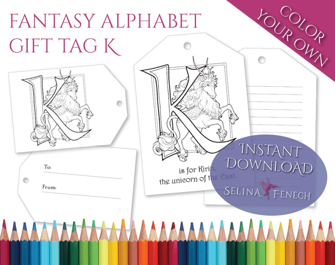 Fantasy Alphabet Gift Tag Monogram K Coloring Page Art Printable ...