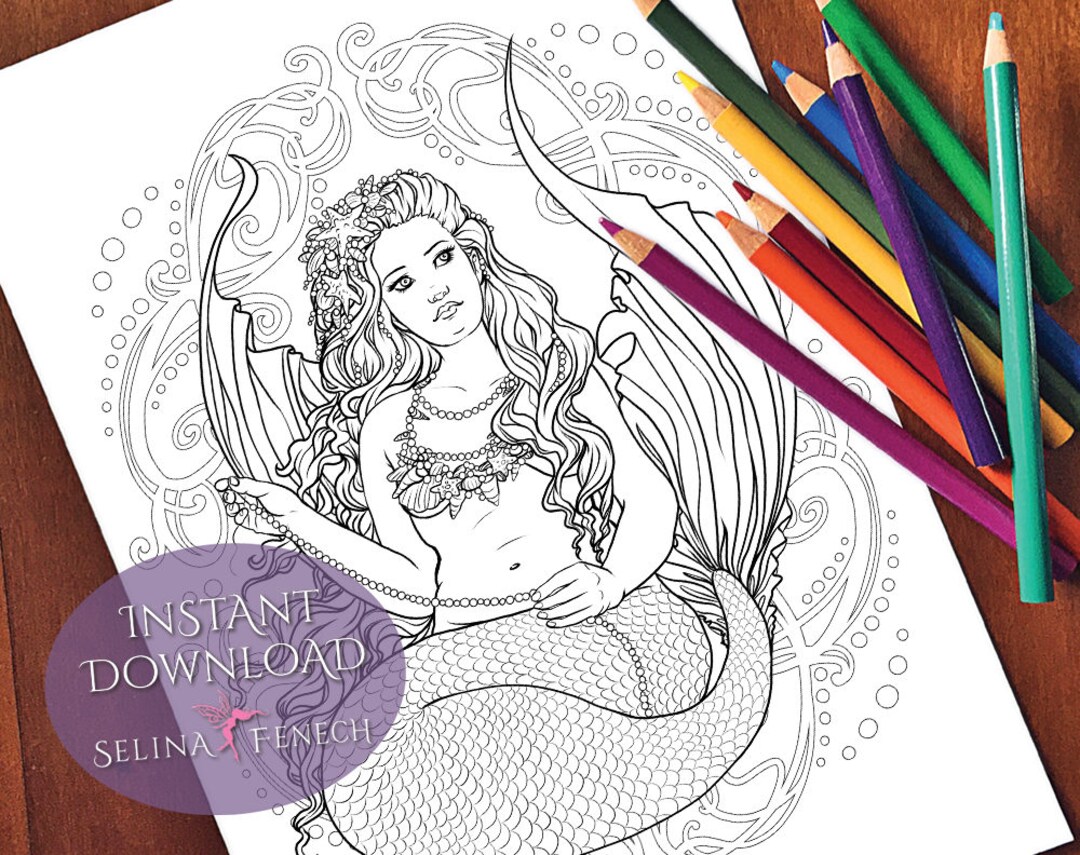 Stringing Pearls Mermaid Coloring Page/digi Stamp Fantasy Printable ...