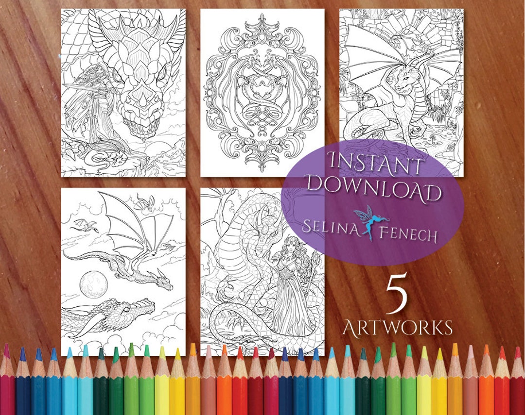 Magical Dragons Coloring Page/digi Stamp Fantasy Printable Download by ...