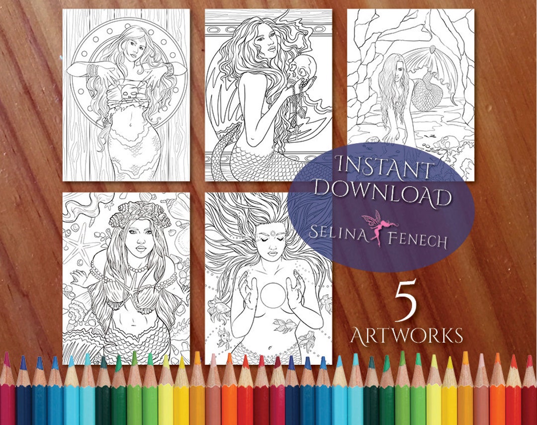 Magical Mythical Mermaids Coloring Page/digi Stamp Fantasy Printable ...