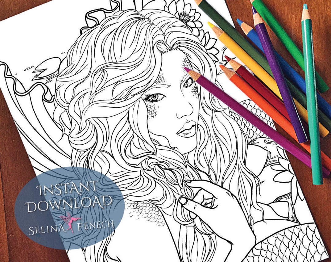 Lily Mermaids Calm Ocean Coloring Page/digi Stamp Fantasy Printable ...