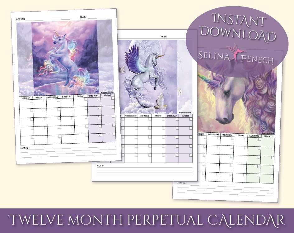 Unicorns Perpetual 12 Month Calendar Fairy Art Printable | Etsy
